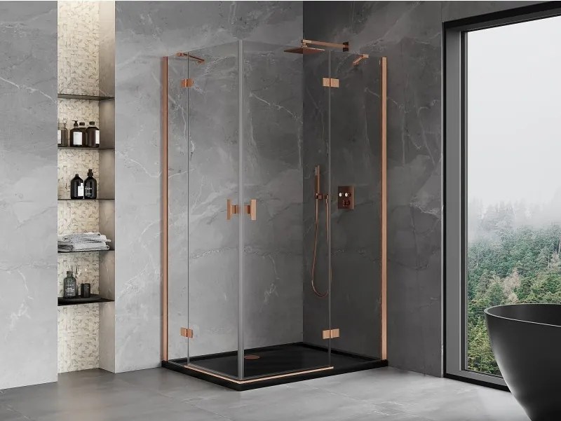 Mexen Mist-H Duo, 2-křídlý ​​výklopný sprchový kout 85 x 100 cm, čiré sklo, měděný matný profil, 8A5-085L-100P-65-00