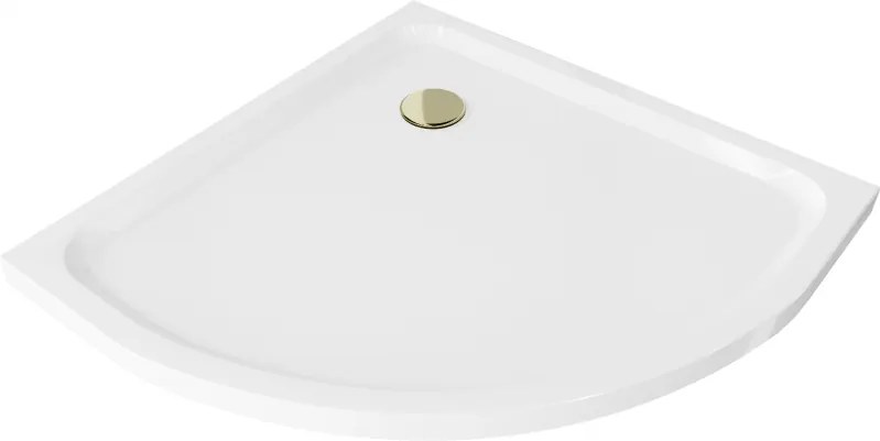 Mexen SLIM - Čtvrtkruhová sprchová vanička 80x80x5cm + zlatý sifon, bílá, 41108080G