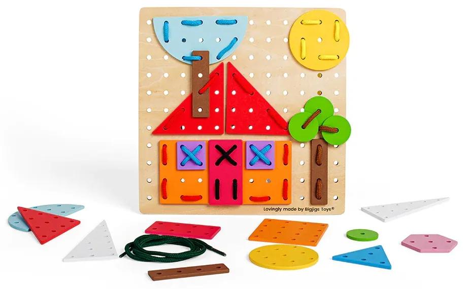 Bigjigs Toys Dřevěná šněrovací hra - Geometrické tvary