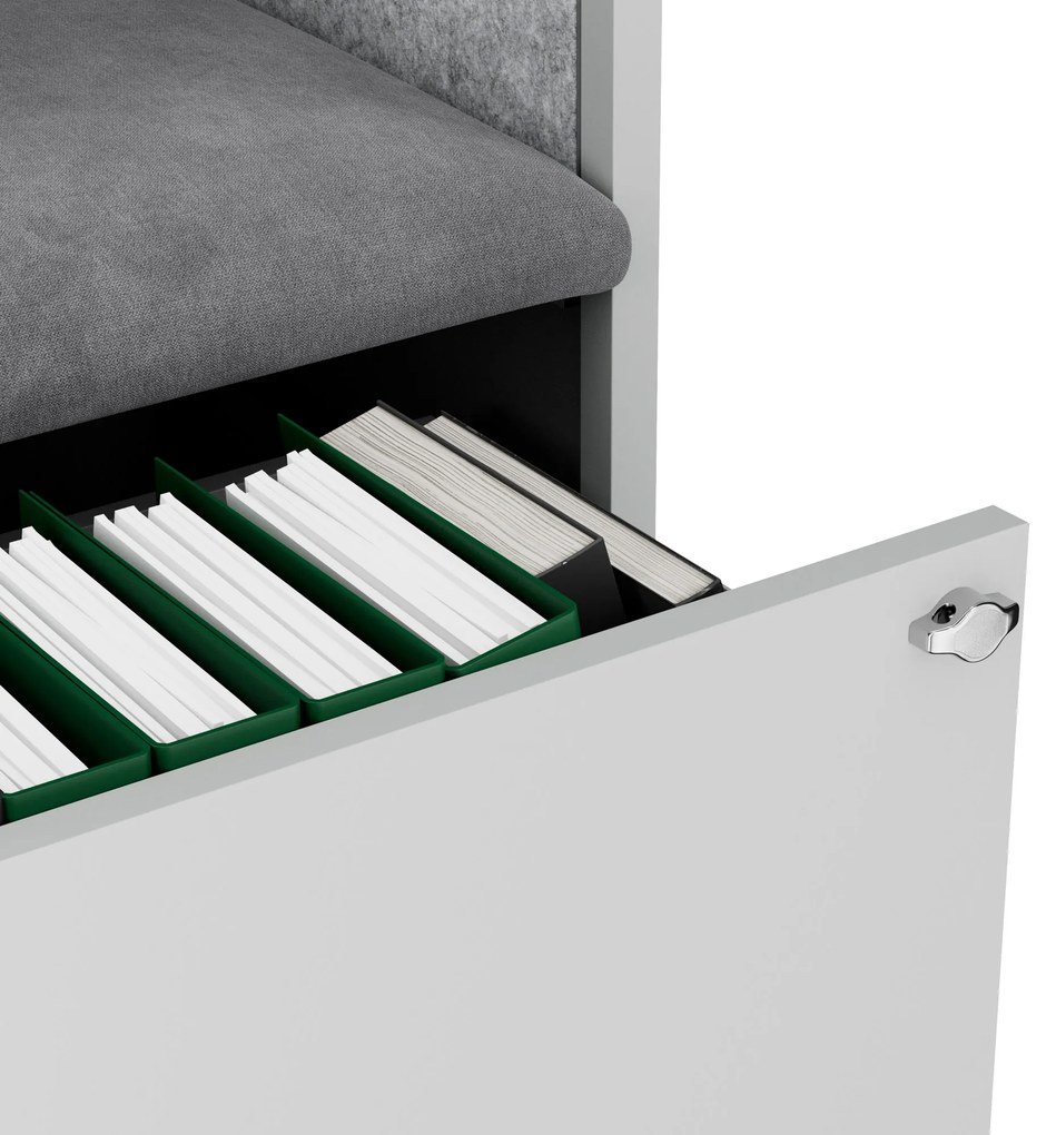 Kancelářská akustická kabina se sedátkem a USB-C portem, korpus šedý / sedák šedá, 1150 mm: SALLY MentalBox