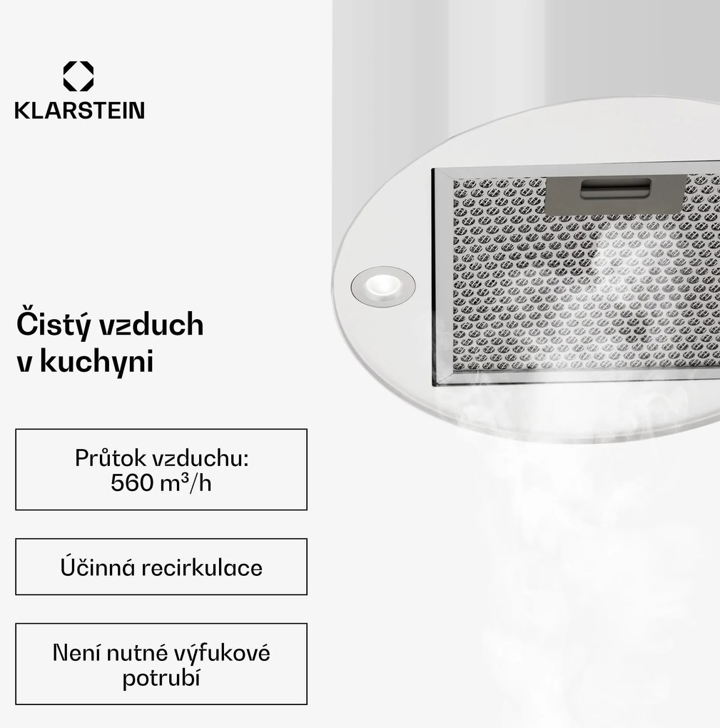 Klarstein Barett, digestoř, 35 cm, ostrůvková, 560 m³/h, LED, filtr s aktivním uhlím, bílá