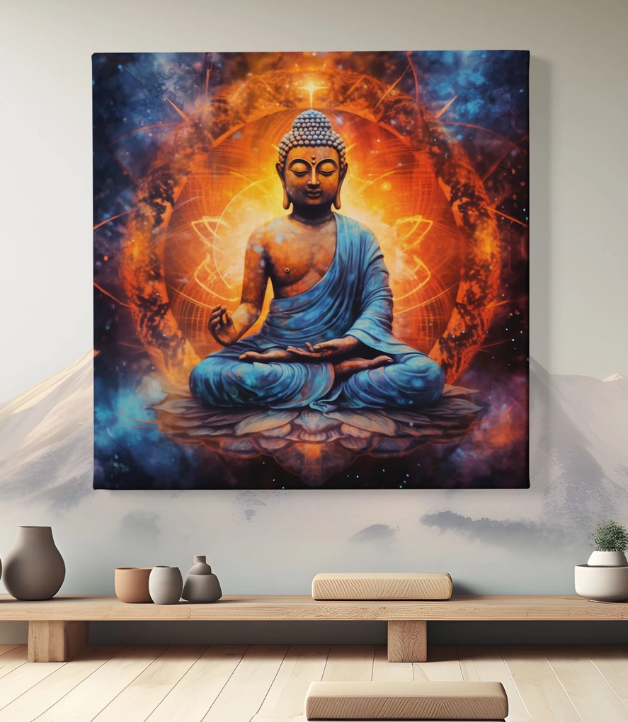 Obraz na plátně - Vesmírný buddha ohnivý kruh FeelHappy.cz Velikost obrazu: 120 x 120 cm