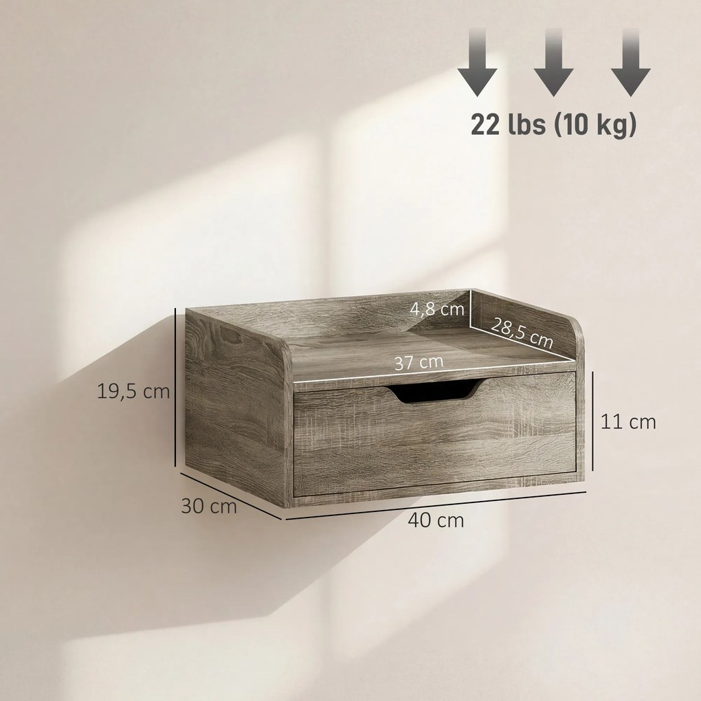HOMCOM 2dílný set nástěnných nočních stolků, noční stolky se zásuvkou a poličkou s vyšším okrajem, 40x30x19,5 cm, šedá