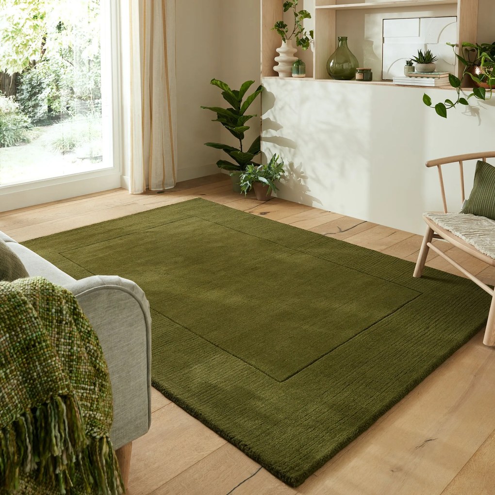 Flair Rugs, Kusový ručně tkaný koberec Tuscany Textured Wool Border Green, 120x170, zelená, ložnice