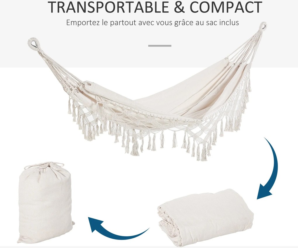 Outsunny Přenosná bohémská cestovní houpací síť, celkové rozměry 2,88 x 1,5 m, bavlna, polyester, béžová | Aosom