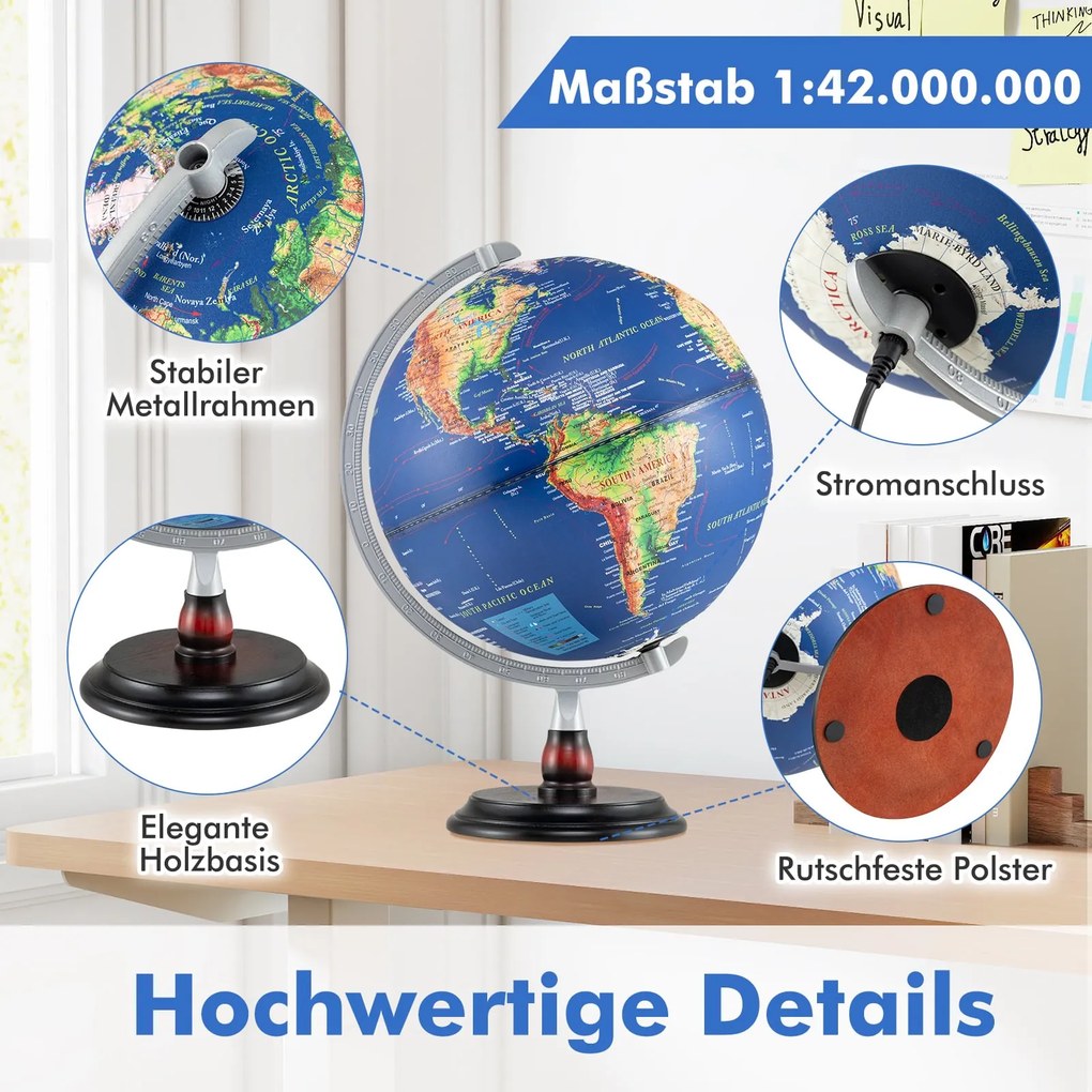 Costway Ø30 cm Osvětlená koule s dřevěným podstavcem. Vzdělávací/geografický