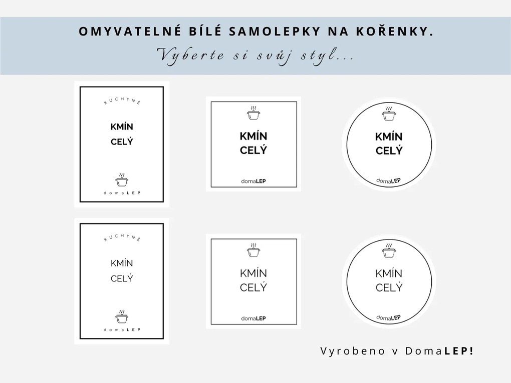 KMÍN CELÝ - omyvatelná samolepka na kořenky, výběr rozměrů Ø 5 cm / 5 x 5 cm / 6 x 8 cm | DomaLEP tvar: KOLEČKO, barva: BÍLÁ - ČERNÉ písmo, velikost: Ø 5 cm - tučné písmo