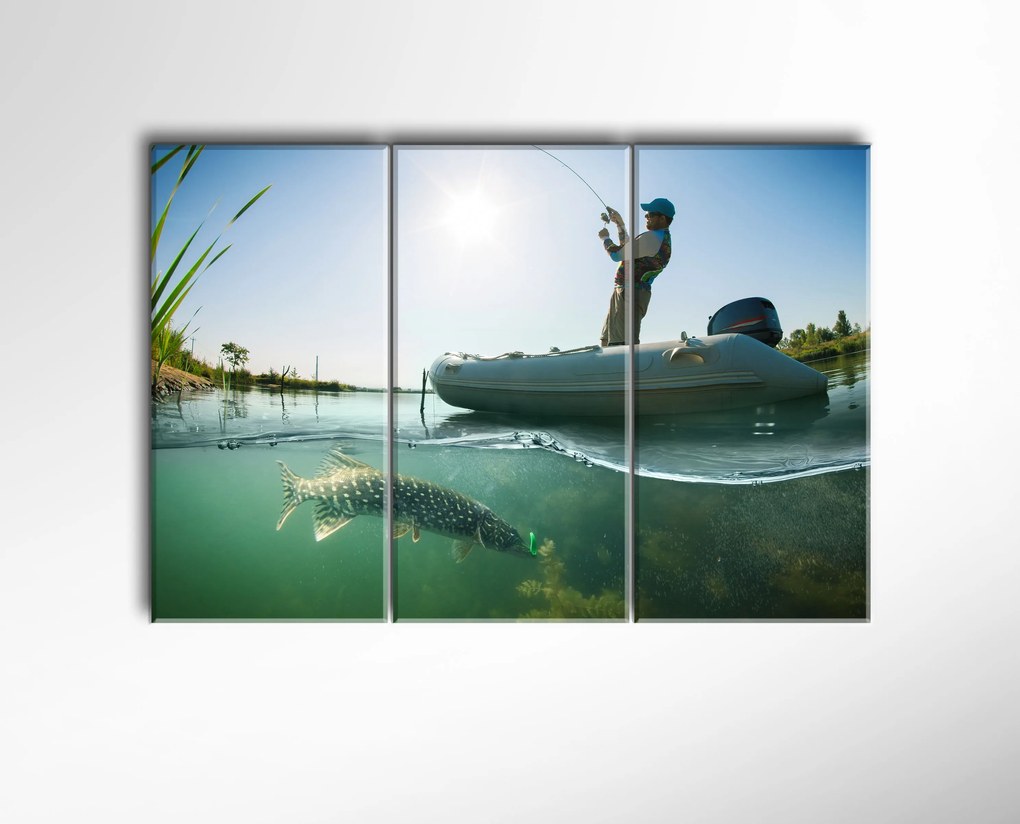 Malvis ® Obraz Rybář na člunu zdolává štiku ROZMĚR (šířka x výška): třídílný obdélník 150x60 cm