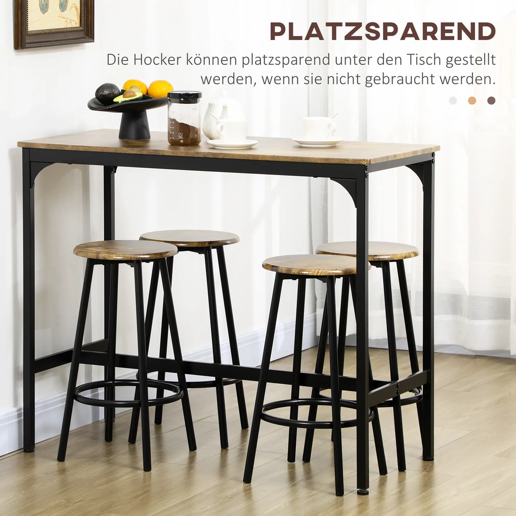 HOMCOM Barový set 5 ks se 4 barovými židlemi Kuchyňský stůl v industriálním designu rustikálně hnědý kovový jídelní set do kuchyně a baru