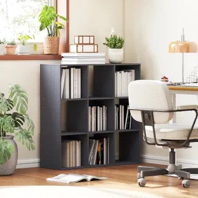HOMCOM knihovna, třípatrový úložný regál s 9 přihrádkami, do obývacího pokoje, kanceláře nebo ložnice, 91 x 29,5 x 91 cm, šedá