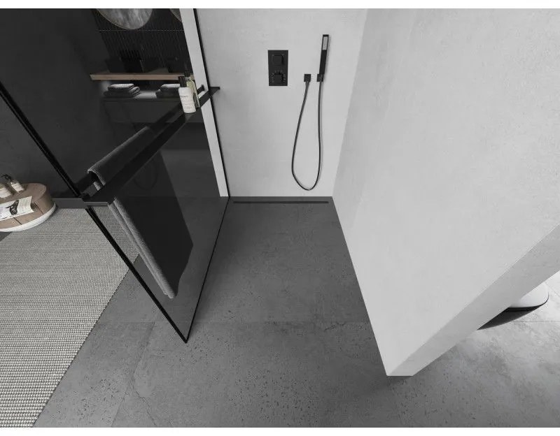 Mexen Kioto+ L, sprchová zástěna Walk-In s poličkou a věšákem 60 x 200 cm, 8mm čiré sklo černý vzor, černý profil, 800-060-123-70-70