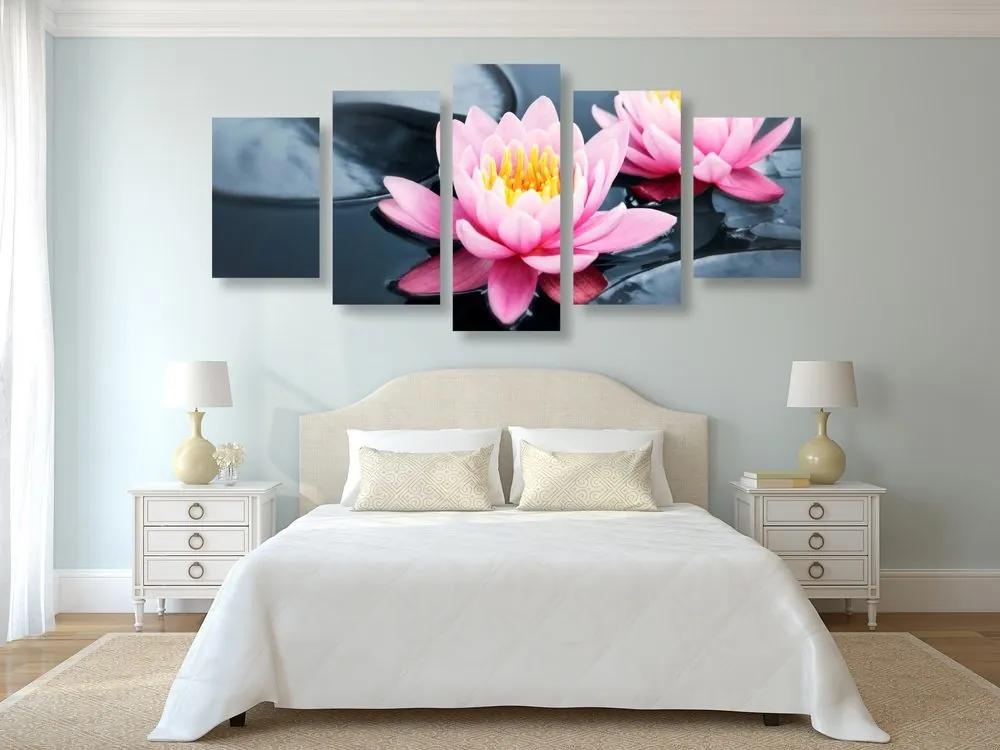 5-dílný obraz lotosový květ v jezeře - 200x100 cm
