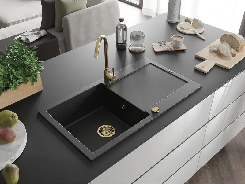 Mexen Leo, dřez granitový 900x500x190 mm, 1-komorový, černá-stříbrná metalíza se zlatým sifonem, 6501901010-73-G
