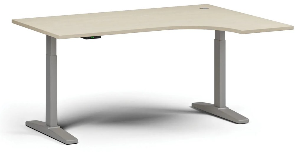 Výškově nastavitelný stůl, elektrický, 675-1325 mm, rohový pravý, deska 1600x1200 mm, šedá podnož, ořech