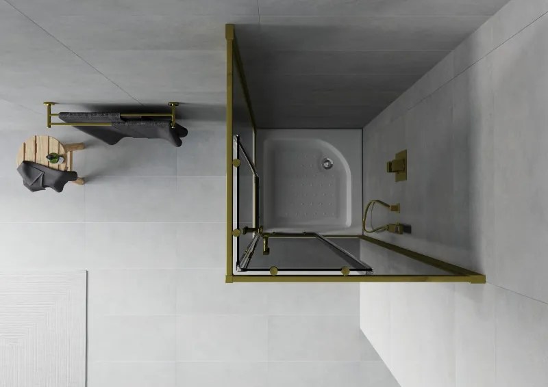 Mexen Rio, čtvercový sprchový kout s posuvnými dveřmi 80 (dveře) x 80 (dveře) x 190 cm, 5mm šedé sklo, zlatý profil + bílá sprchová vanička RIO, 860-080-080-50-40-4510