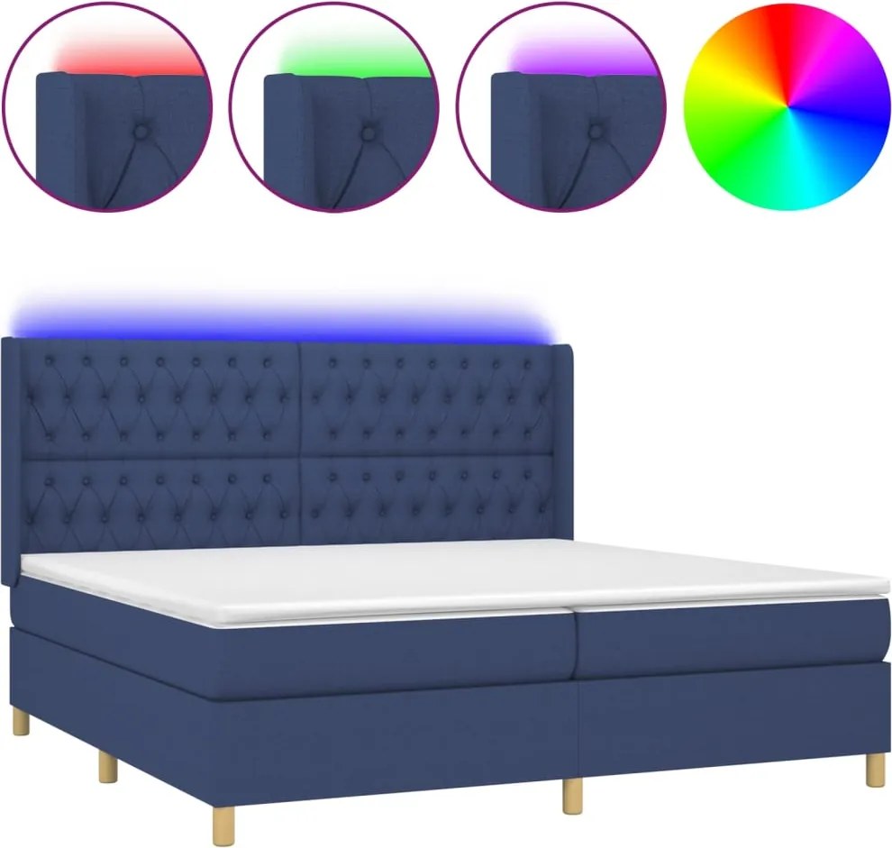 Box spring postel s matrací a LED modrá 200x200 cm textil 3139147