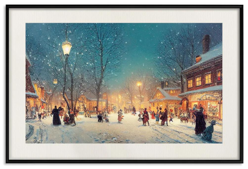 Plakát Zimní pohlednice - zasněžená ulice osvětlená retro lucernami