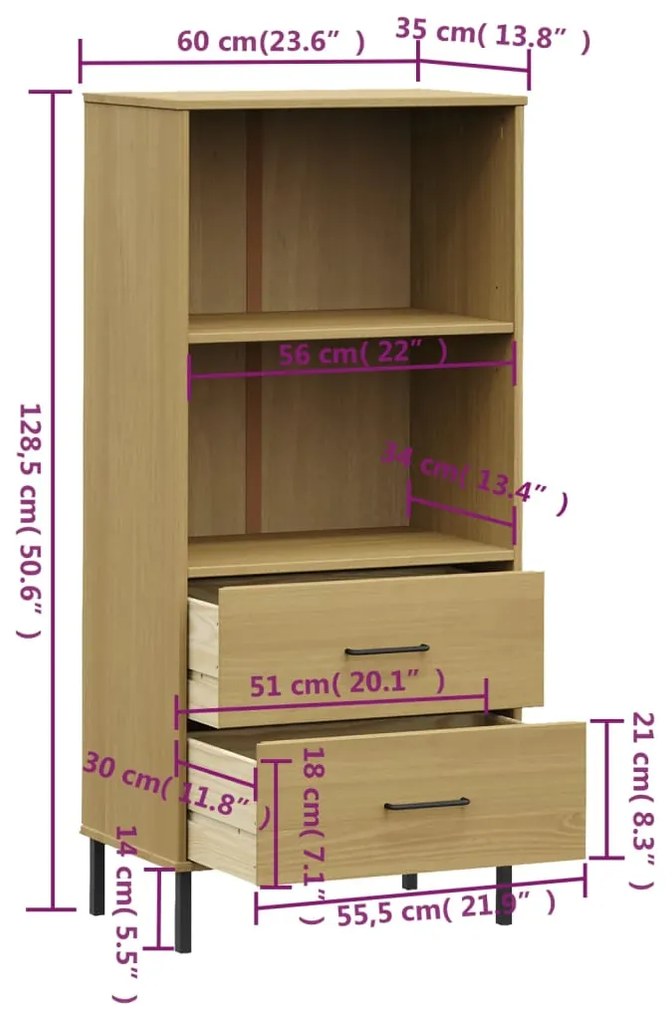 Knihovna Oslo se 2 zásuvkami - masivní dřevo - 60x35x128,5 cm | hnědá