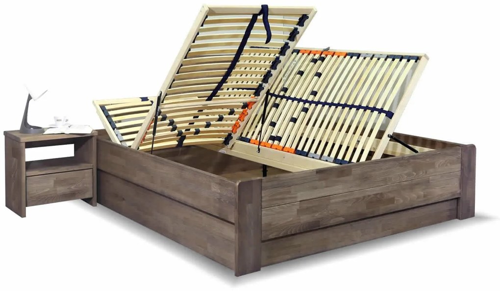 Dřevěná válenda dvoulůžko s úložným prostorem FUTON, masiv buk