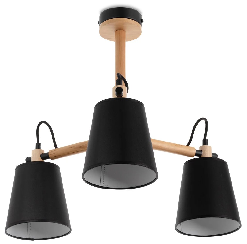 Light for home - Skandinávský Lustr s Třemi Rameny na Tyči 60433 "SYMPHONY", 3X40W, E14, černá, přírodní olše