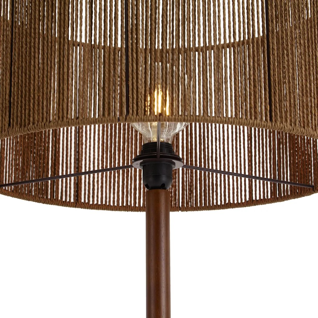 Stojací lampa z ořechového dřeva s hnědým stínidlem z papírového provazu 50/50/25 - Mels