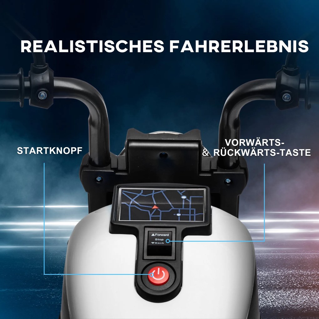 Dětská motorka HOMCOM - Elektrická motorka pro děti s 2 odnímatelnými tréninkovými koly, 3 km/h, pro děti od 1,5 do 3 let, Bílá, 76 x 42 x 57 cm