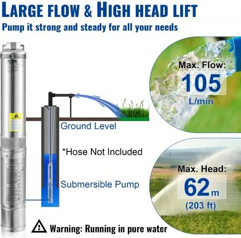 Ponorné čerpadlo do hlubokých studní, 750 W 230 V/50 Hz, 105 l/min 62 m
