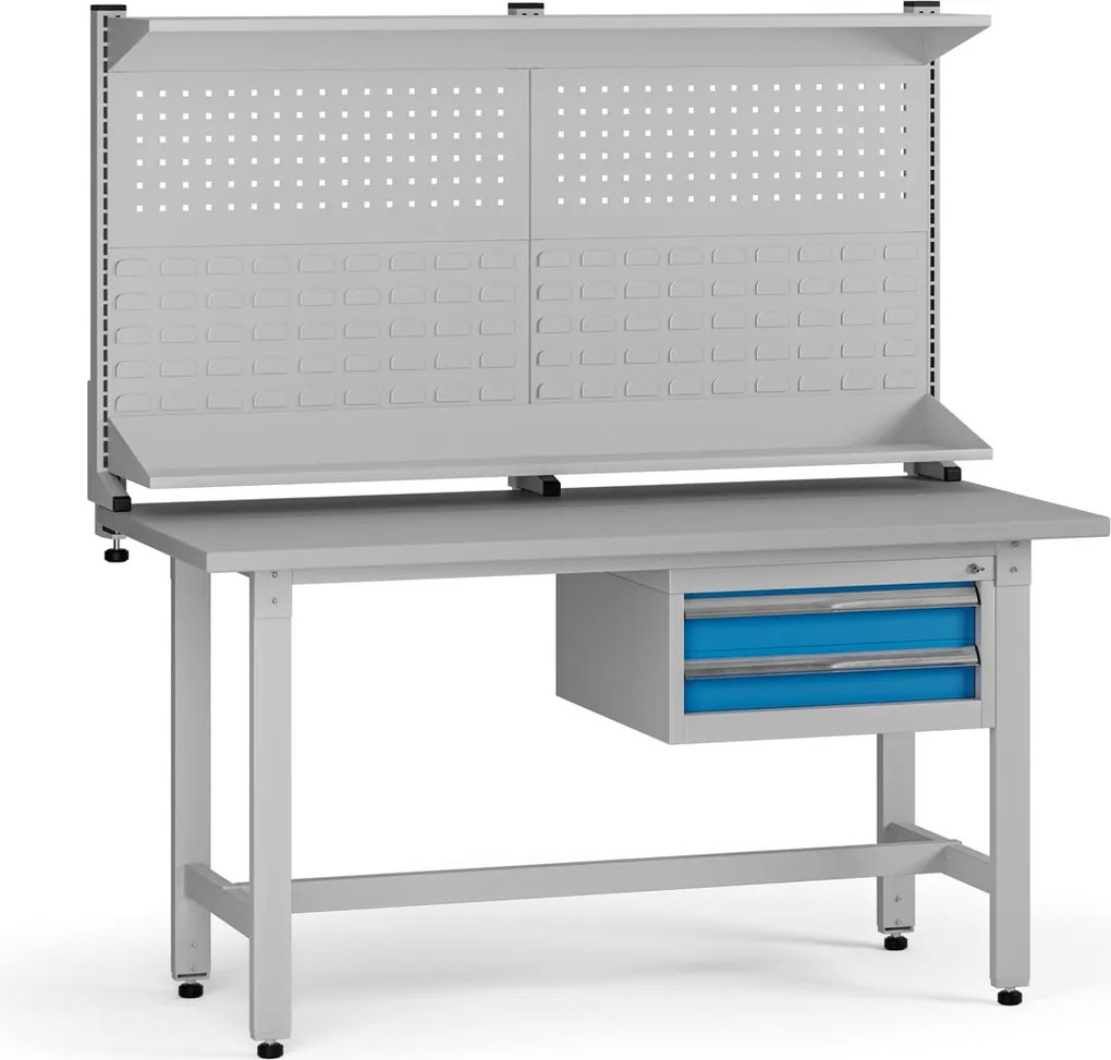 Výškově nastavitelný dílenský stůl G5 s nástavbou, 1500 x 750 x 800-1000 mm, 1x kontejner, 2 zásuvky, modrá