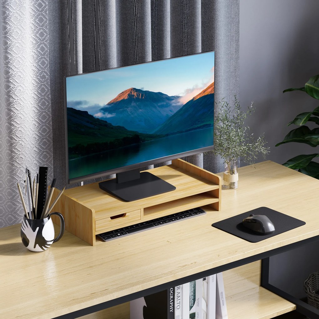 HOMCOM Stojan na monitor Stojan na obrazovku Stolní organizér se zásuvkami v přírodní barvě 49x25,5x11,5cm pro objednávku na pracovišti