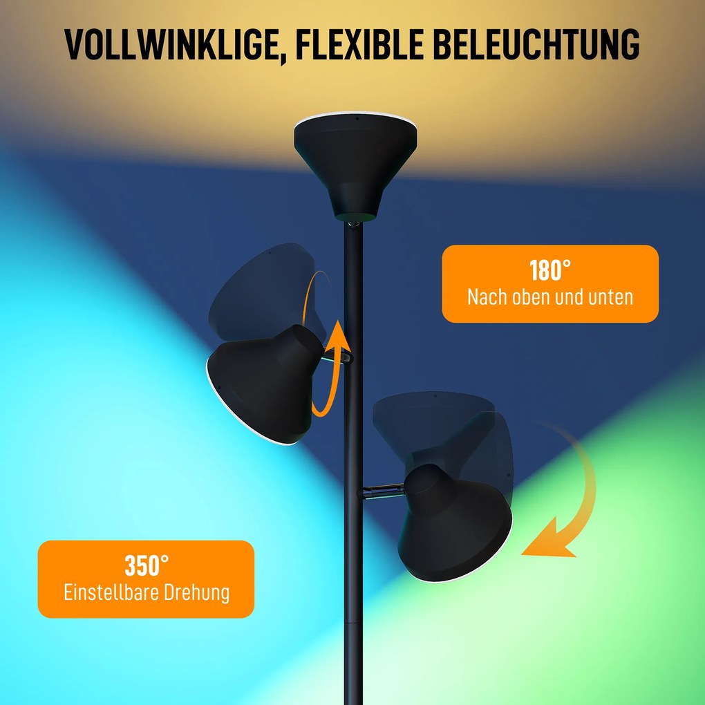HOMCOM Stojací lampa stmívatelná s čtecí lampou, stojací lampa RGB s měnícími se barvami s dálkovým ovládáním, dotykové ovládání, 3 otočné hlavy, čer…