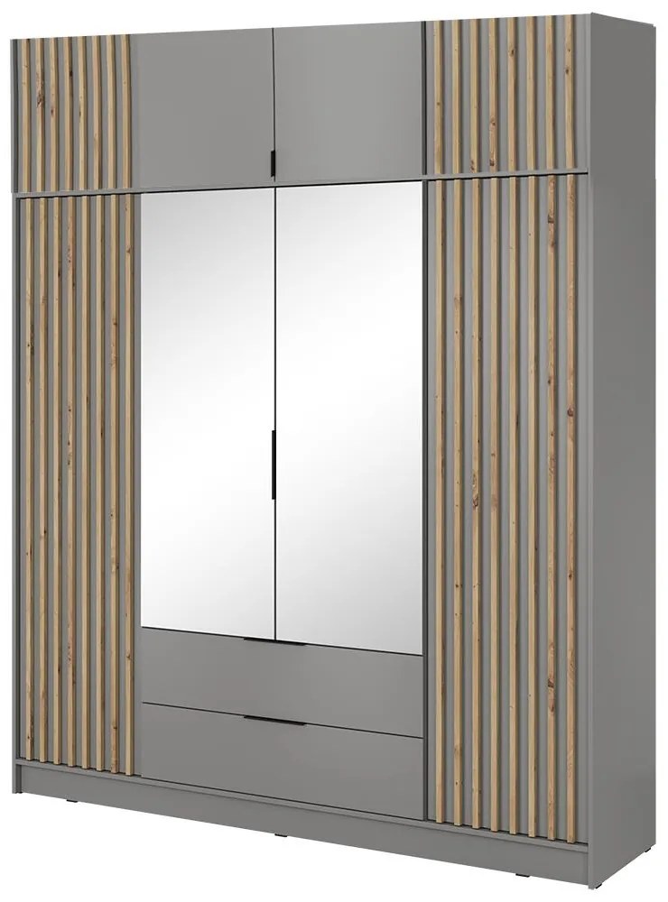 Šatní skříň NELLY 4D se zrcadlem + nástavec | 206 cm | šedá