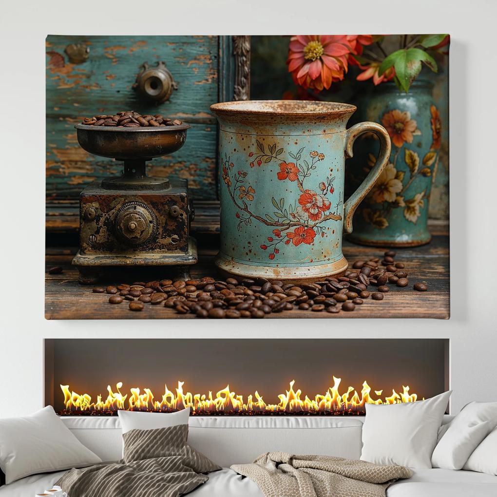 Obraz na plátně - Káva, květinový hrnek FeelHappy.cz Velikost obrazu: 120 x 80 cm