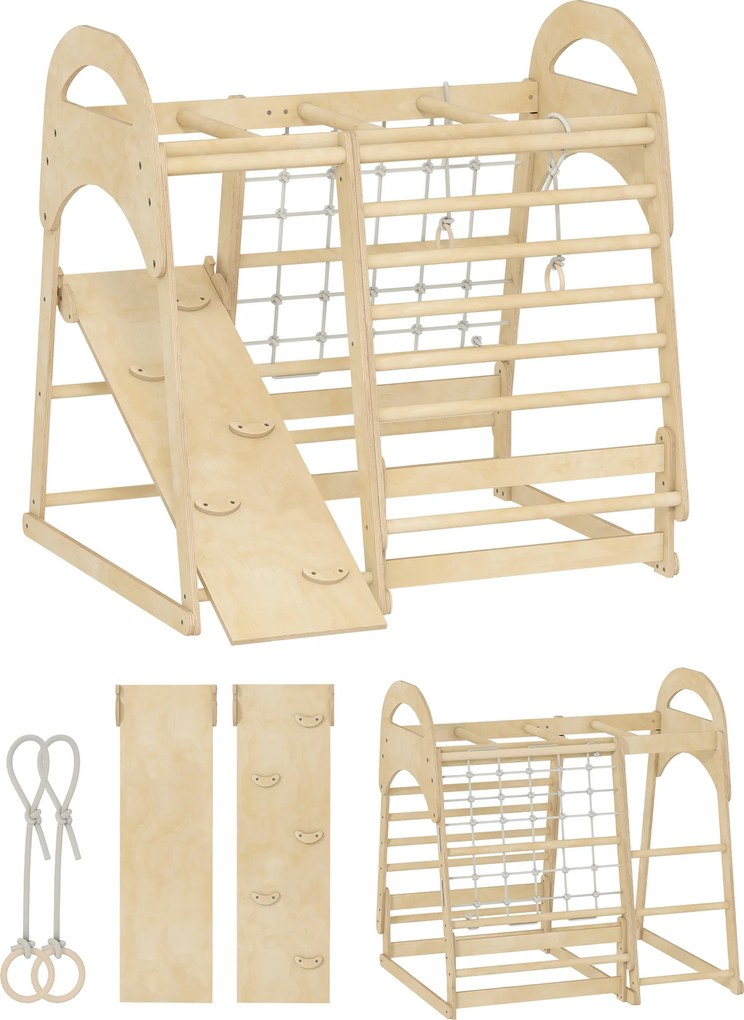 AIYAPLAY Vnitřní horolezecká konstrukce, 6v1 design, skluzavka, lezecké tyče, lezecká stěna, žebřík, lezecká síť, 3-6 let, dřevo