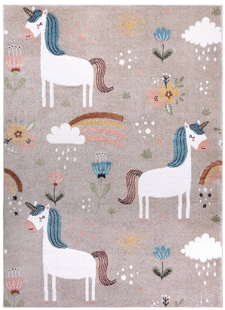 Dywany Łuszczów, Dětský kusový koberec Fun Unicorn with rainbow beige, 140x190, béžová, dětský pokoj