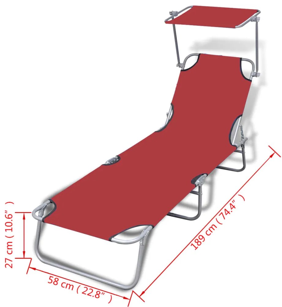 vidaXL Marketos Skládací opalovací lehátko se stříškou ocel a textil červené