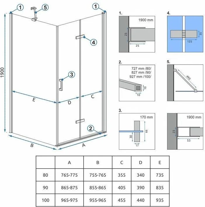 Rea Molier, sprchová kabina 100(dveře) x 80(stěna) x 190 cm, 6mm čiré sklo, chromový profil, KPL-K1371