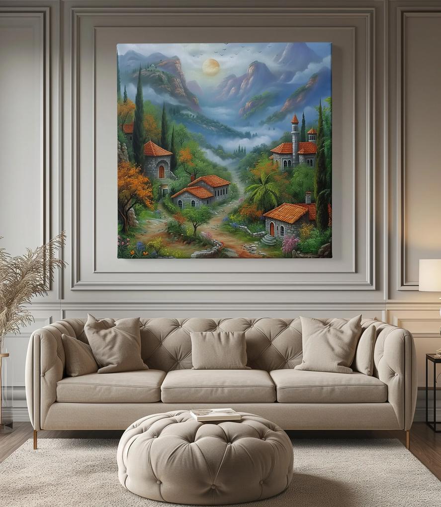 Obraz na plátně - Mlžné údolí s vesničkou La Trentina FeelHappy.cz Velikost obrazu: 100 x 100 cm