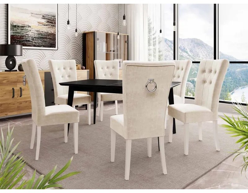 Rozkládací stůl 140x80 se 6 židlemi ST67, barva: natura, barva: bílá, Klepadlo: chrom, Potah: Magic Velvet 2225