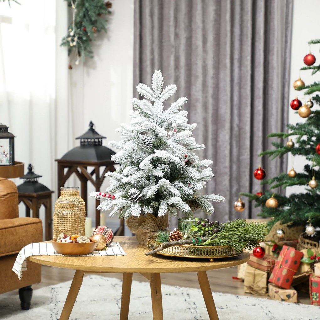 HOMCOM Mini vánoční stromek 60 cm s 35 LED světly, efekt sněhu, mini stolní stromek s šiškami, umělý vánoční stromek pro vánoční dekoraci, bílý
