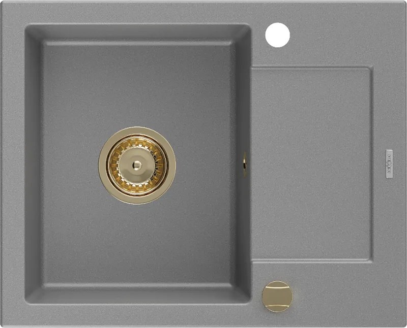 Mexen Enzo, granitový dřez 576x465x174 mm, 1-komorový, šedá se zlatým sifonem, 6506571005-71-G