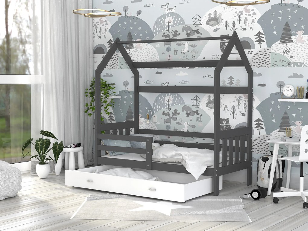 BabyBeds Dětská postel domeček se zábranou a úložným prostorem šedá Velikost postele: 160x80 cm, Barva šuplíku: Modrá