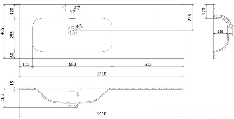 Mexen Vela, umyvadlo na zapuštění 141 x 46,5 cm, levé, černá matná, 25231471L