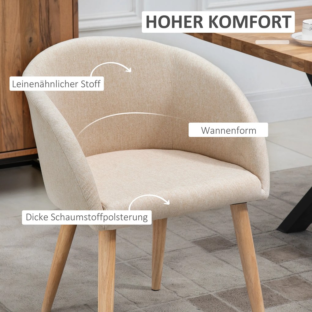 HOMCOM Sada 2 jídelních židlí - Skandinávský design - Zúžené skloněné nohy z kaučukového dřeva - Ergonomický potah s opěradlem a područkami v lnu béž…