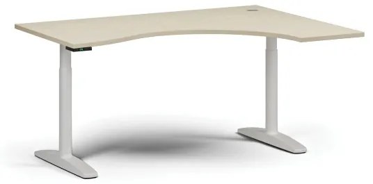 Výškově nastavitelný stůl OBOL, elektrický, 675-1325 mm, ergonomický pravý, deska 1600x1200 mm, bílá zaoblená podnož, bříza