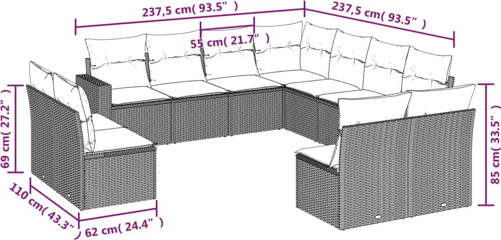 11dílná zahradní sedací souprava s poduškami šedá polyratan 3251467