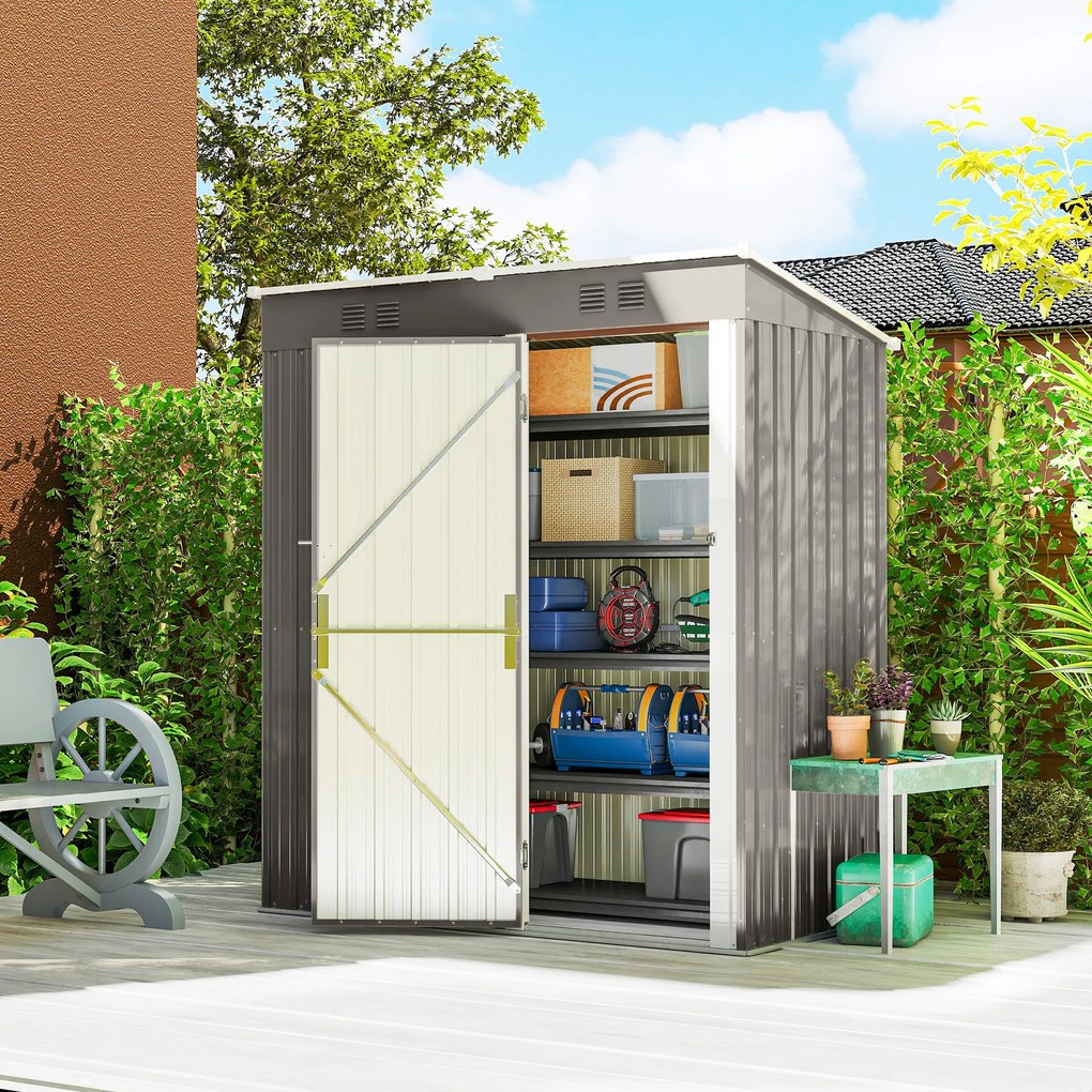 Outsunny Kovový domek na nářadí 1,37 m², uzamykatelný kůlna na nářadí s ventilací Sedlová střecha Rukavice, 163 x 90 x 179 cm
