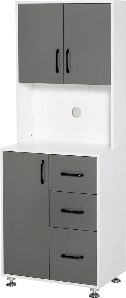 HOMCOM Kuchyňský bufet s více úložnými prostory 2 + 1 dvířka 3 zásuvky + Velký pracovní stůl Rozměry 60L x 40W x 160H cm Šedá Bílá