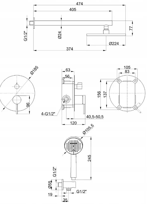 Invena Kalitea, podomítková sprchová souprava, 2-funkční baterie, černá matná, INV-BS-72-004-V