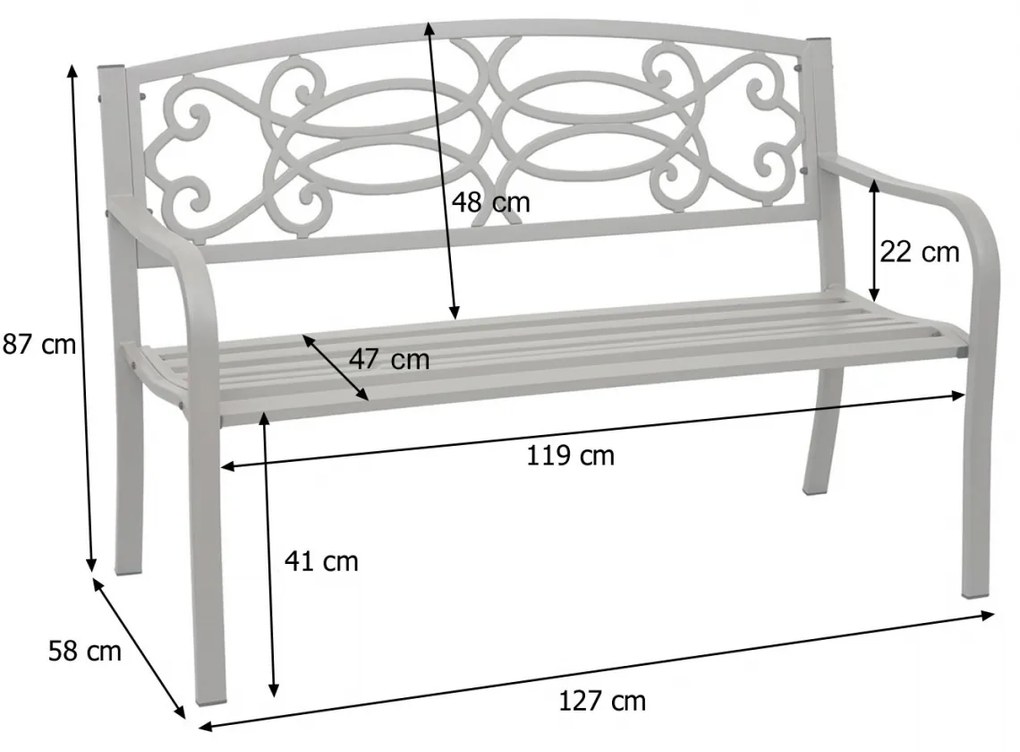 Zahradní lavička HWC-F44, 2-místná ocel s práškovým nástřikem - šedá