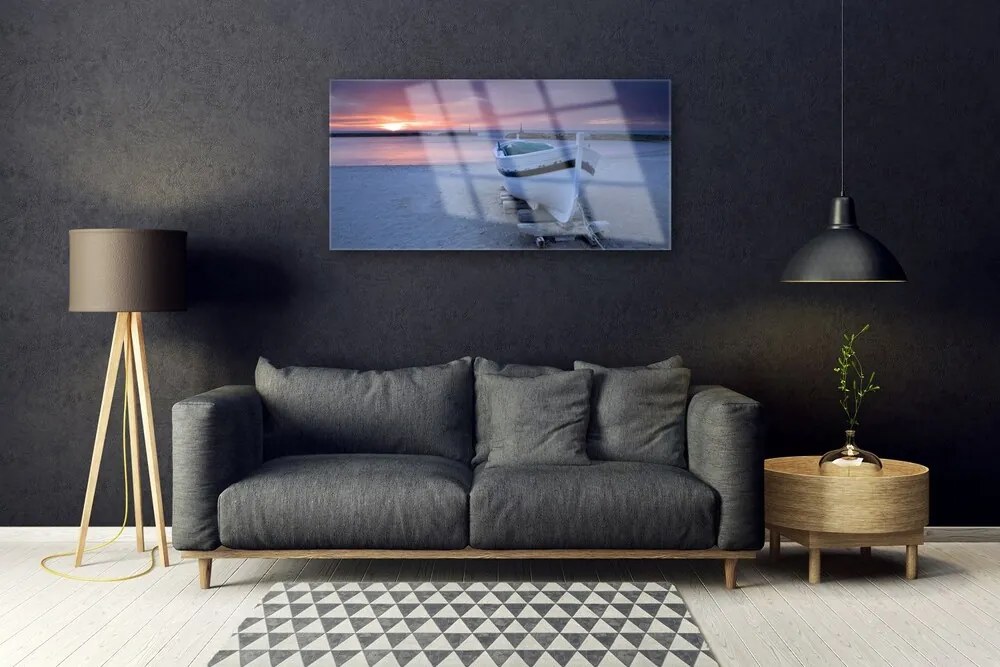 akrylový obraz Loďka Pláž Slunce Krajina 100x50 cm
